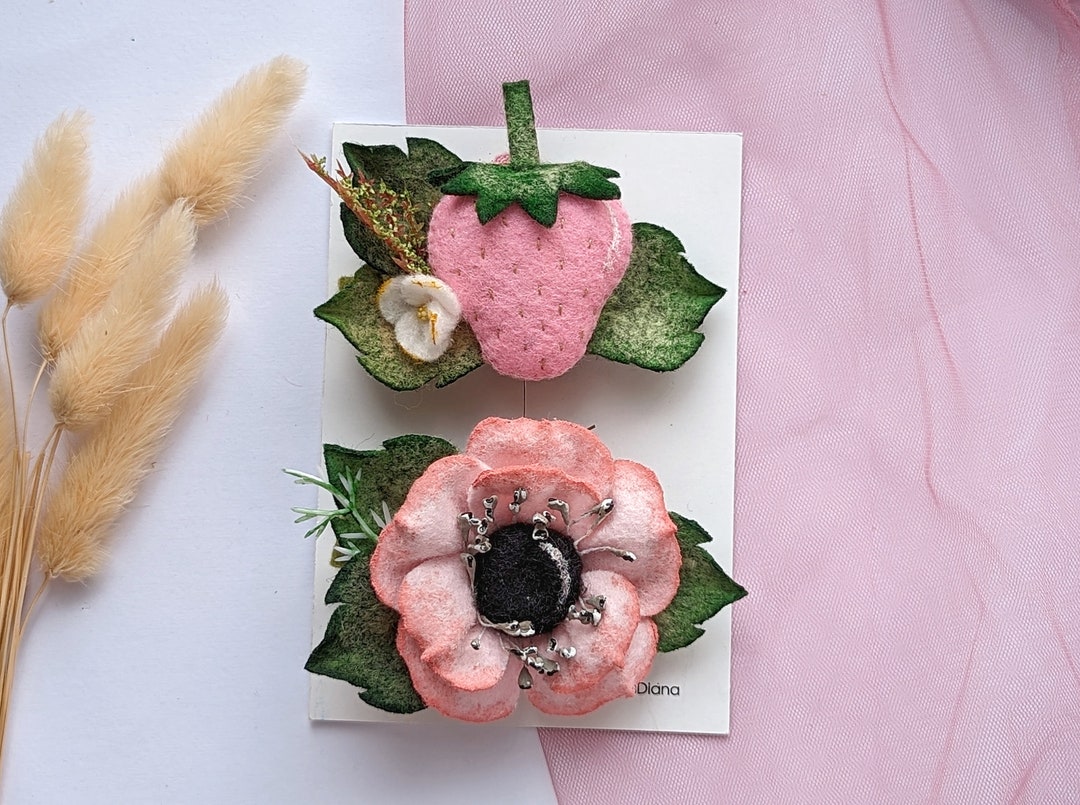 Pink Strawberry Hair Clip, Pink Anemones Barrette, Flowers Hair ...