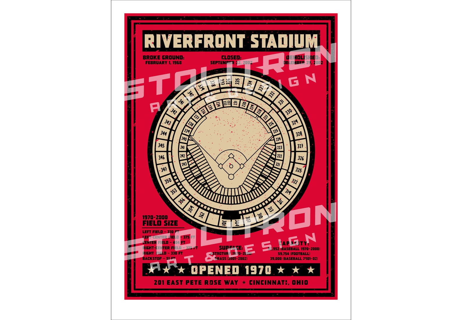 RIVERFRONT STADIUM Seating Chart Diagram Poster 12x18, 18x24, or 24x36 ...