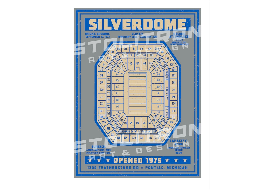 PONTIAC SILVERDOME Stadium Seating Chart Diagram Poster Print 12x18 ...