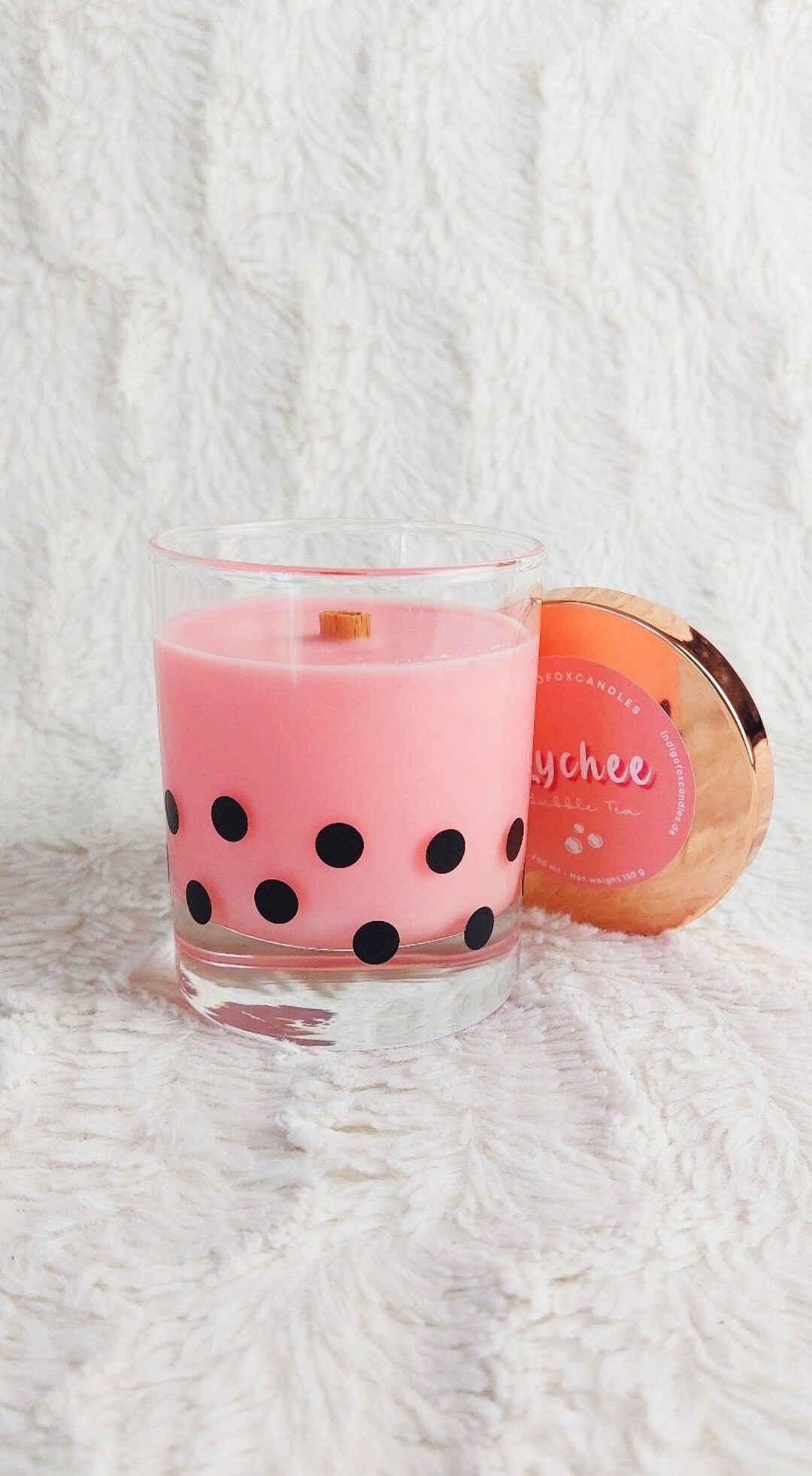 Lychee Bubble Tea Scented Candle in a Glass With Lid Wooden Wick Boba ...
