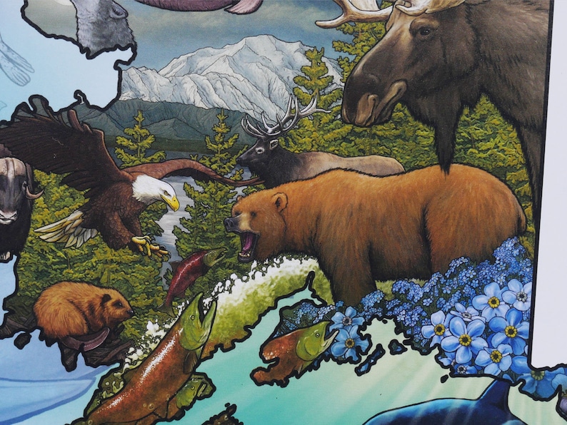 Alaska Nature Illustration Map - Etsy