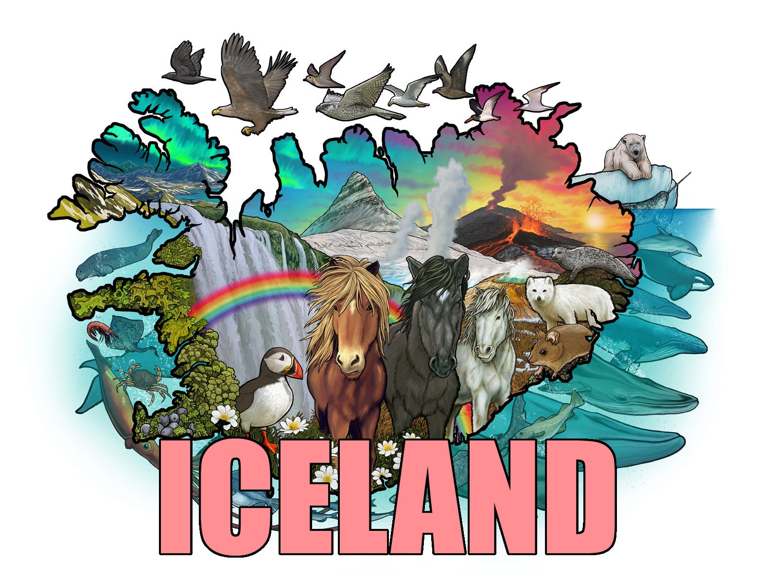 Iceland Nature Illustration Map - Etsy UK