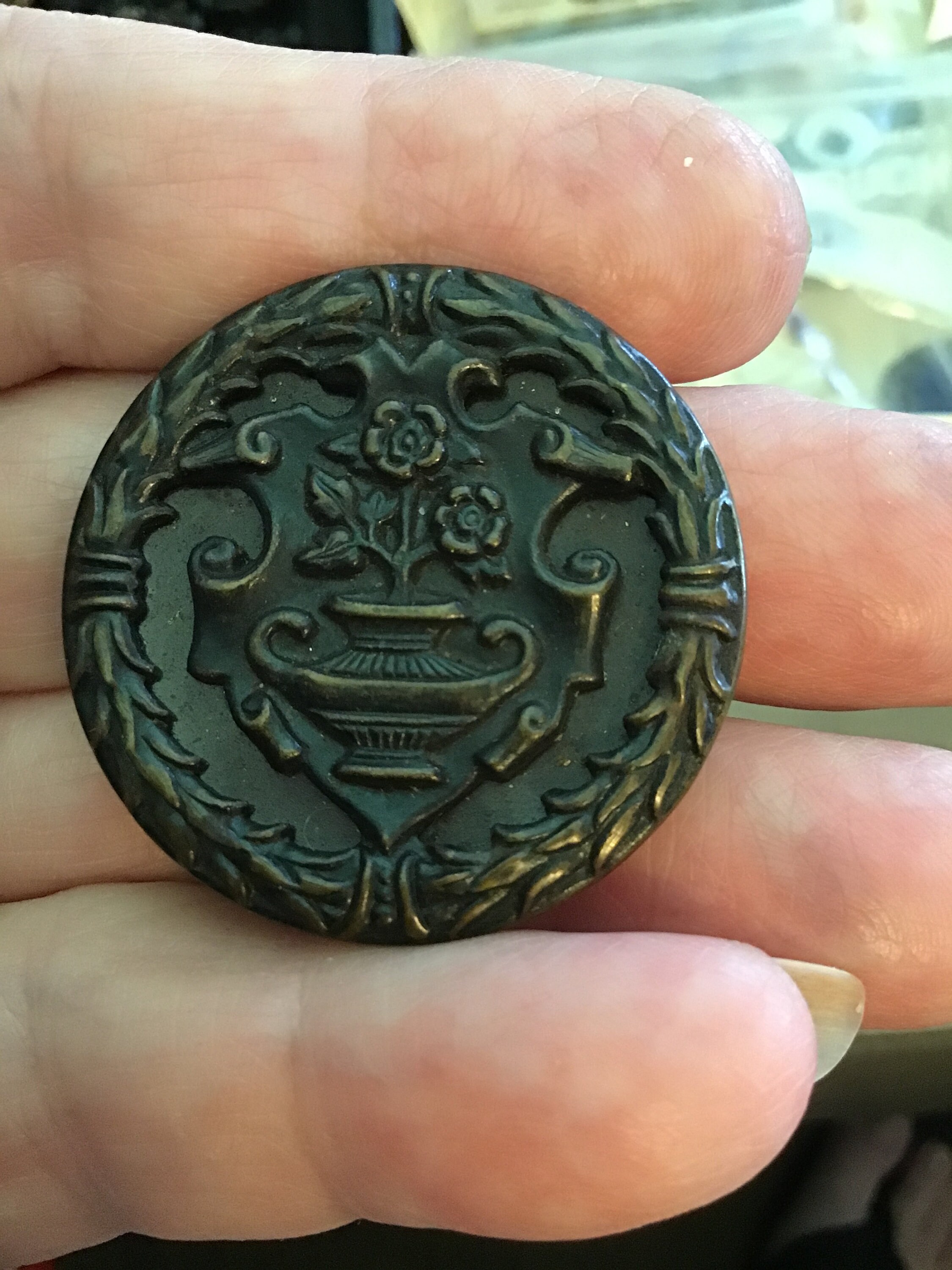 Antique Victorian Large Metal Picture Button Shield Flowers in - Etsy