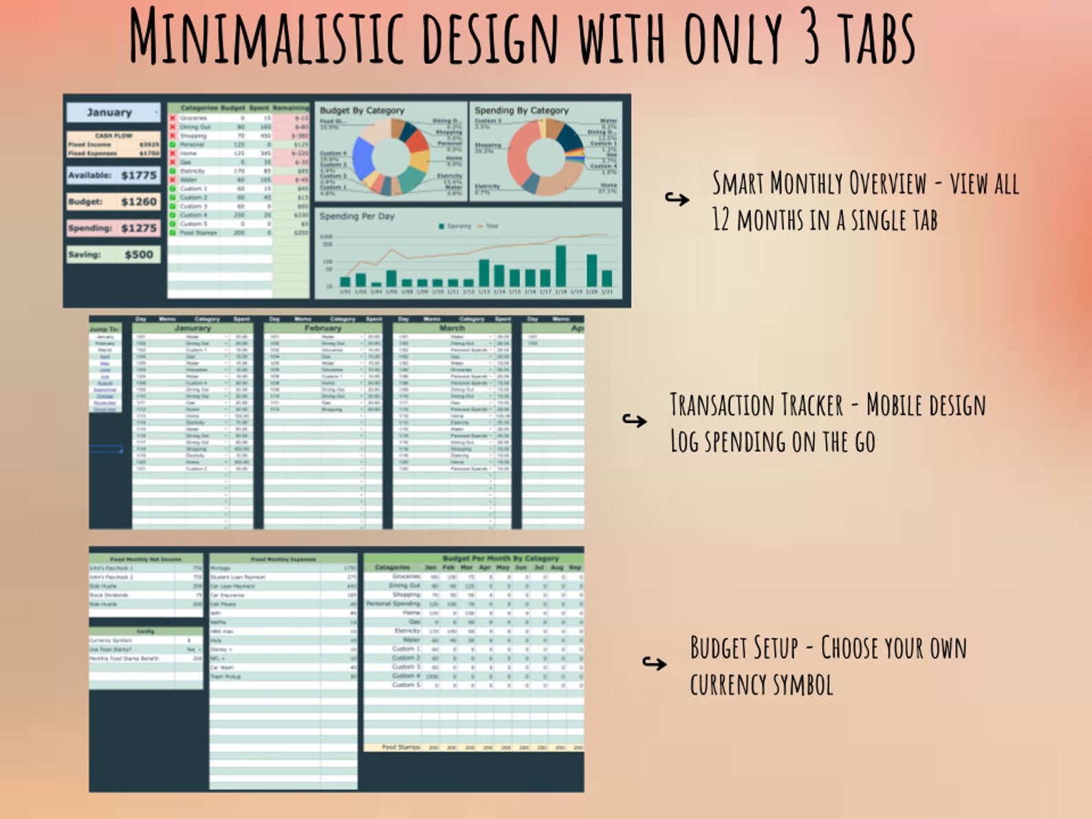 Smart Monthly Budget Spreadsheet for Google Sheets, Mobile Design ...