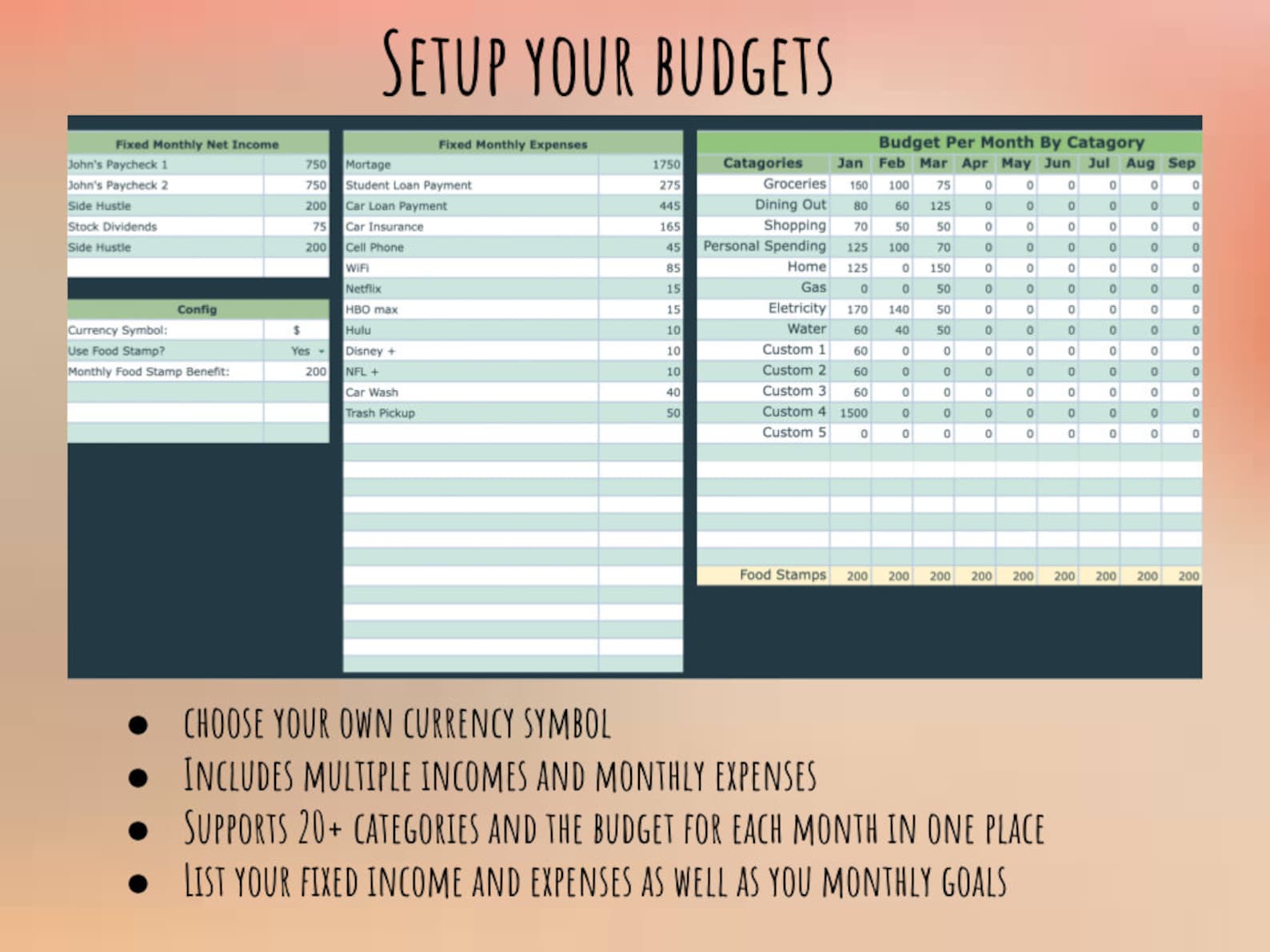 Smart Monthly Budget Spreadsheet for Google Sheets, Mobile Design ...