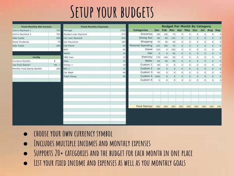 Smart Monthly Budget Spreadsheet for Google Sheets, Mobile Design, Financial Planner, Income by ...