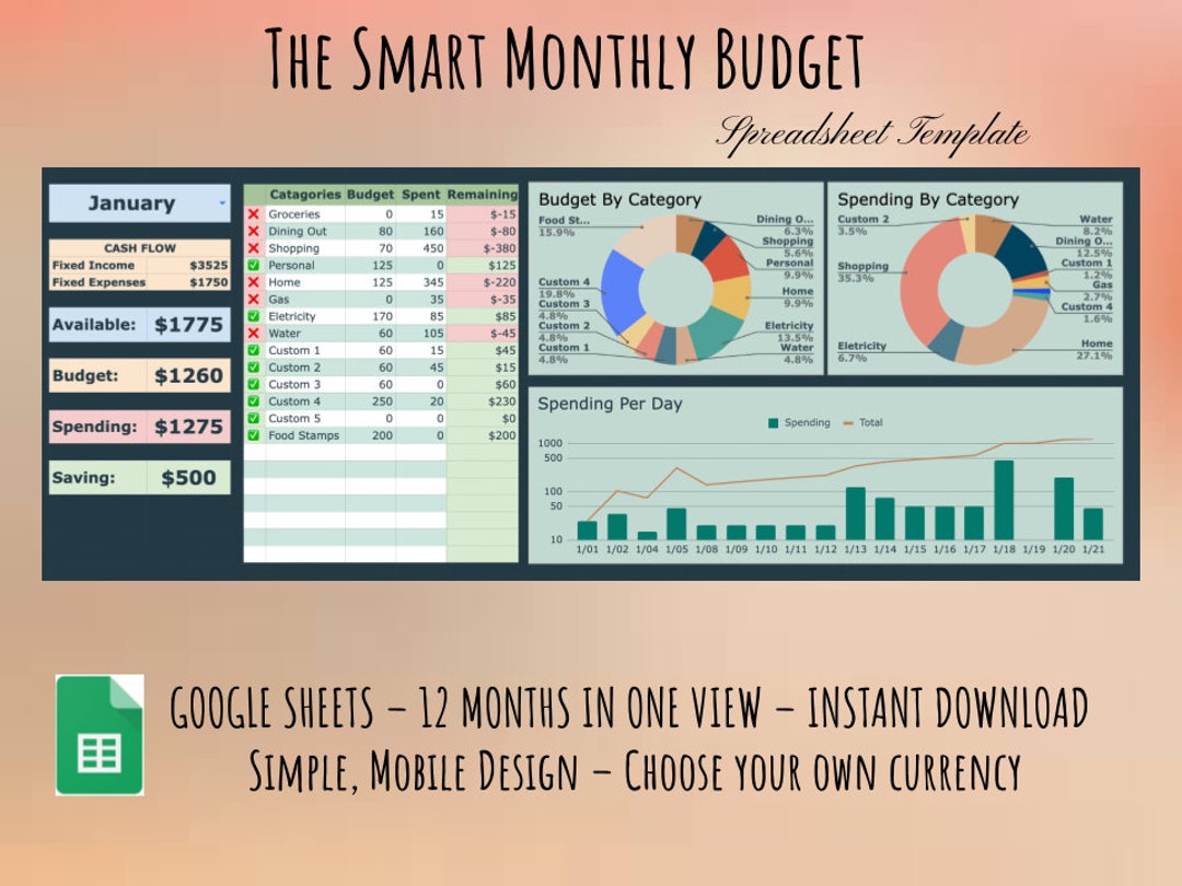 Smart Monthly Budget Spreadsheet for Google Sheets, Mobile Design, Financial Planner, Income by ...