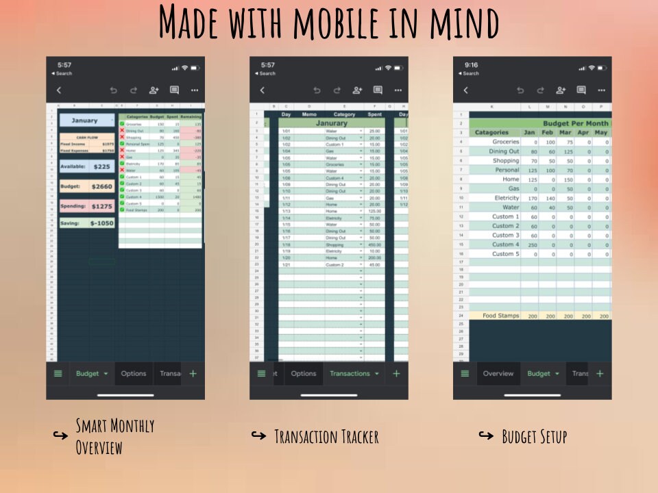 Smart Monthly Budget Spreadsheet for Google Sheets, Mobile Design ...