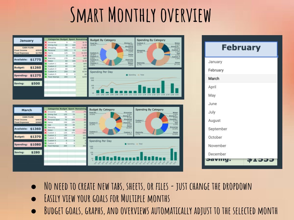 Smart Monthly Budget Spreadsheet for Google Sheets, Mobile Design ...