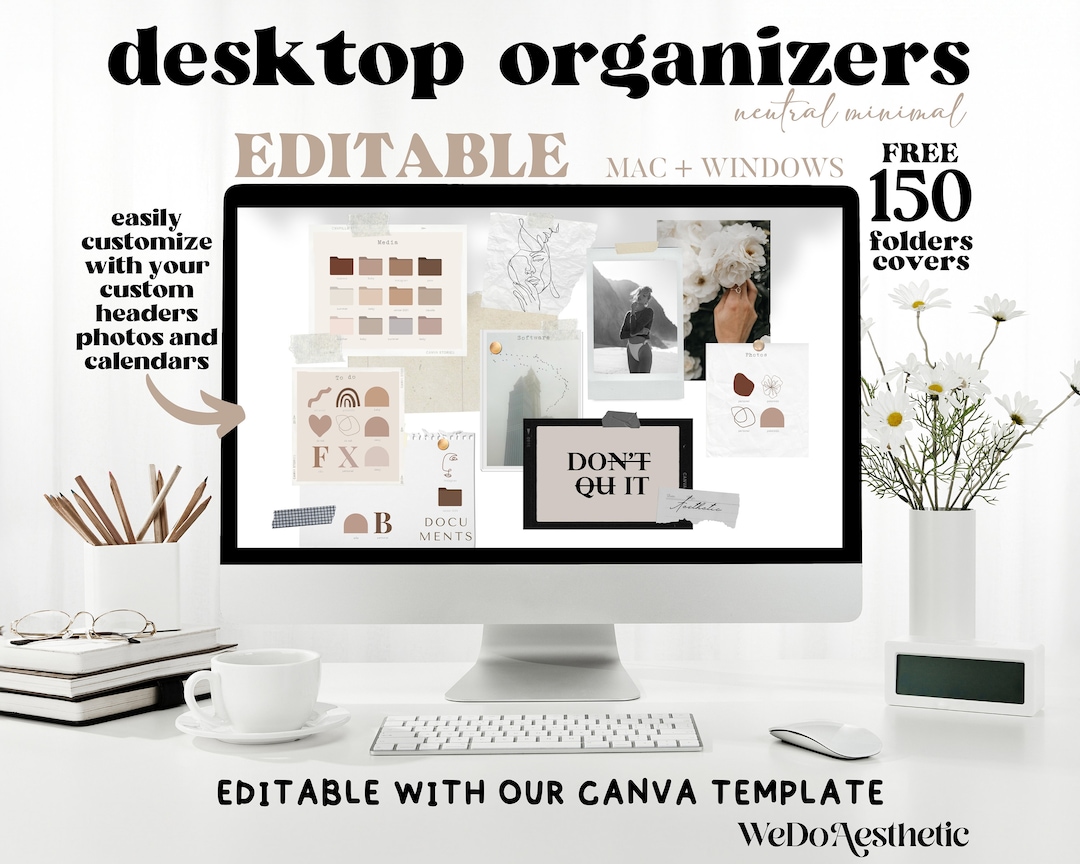 EDITABLE Desktop Organizer Wallpaper + Folder Icons, Aesthetic ...