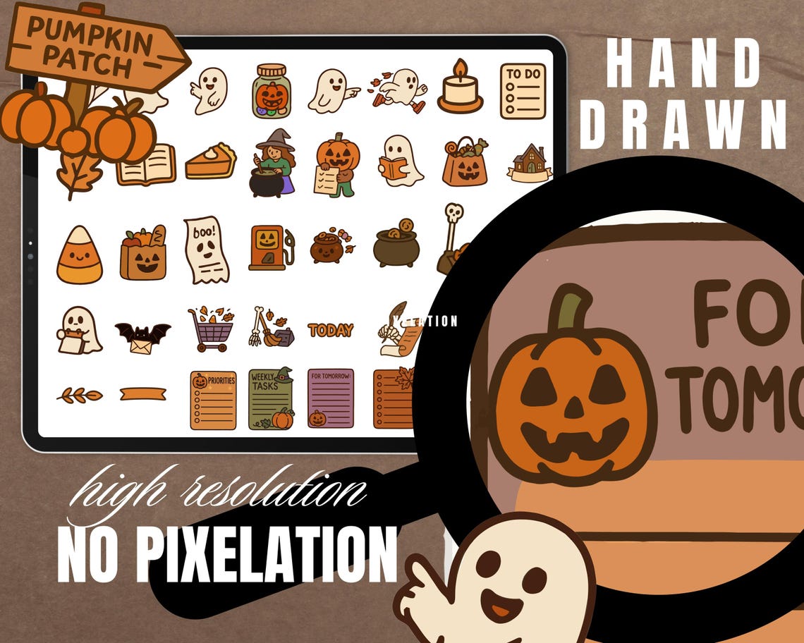Hand Drawn Fall Digital Sticker Bundle | Autumn & Halloween Stickers ...