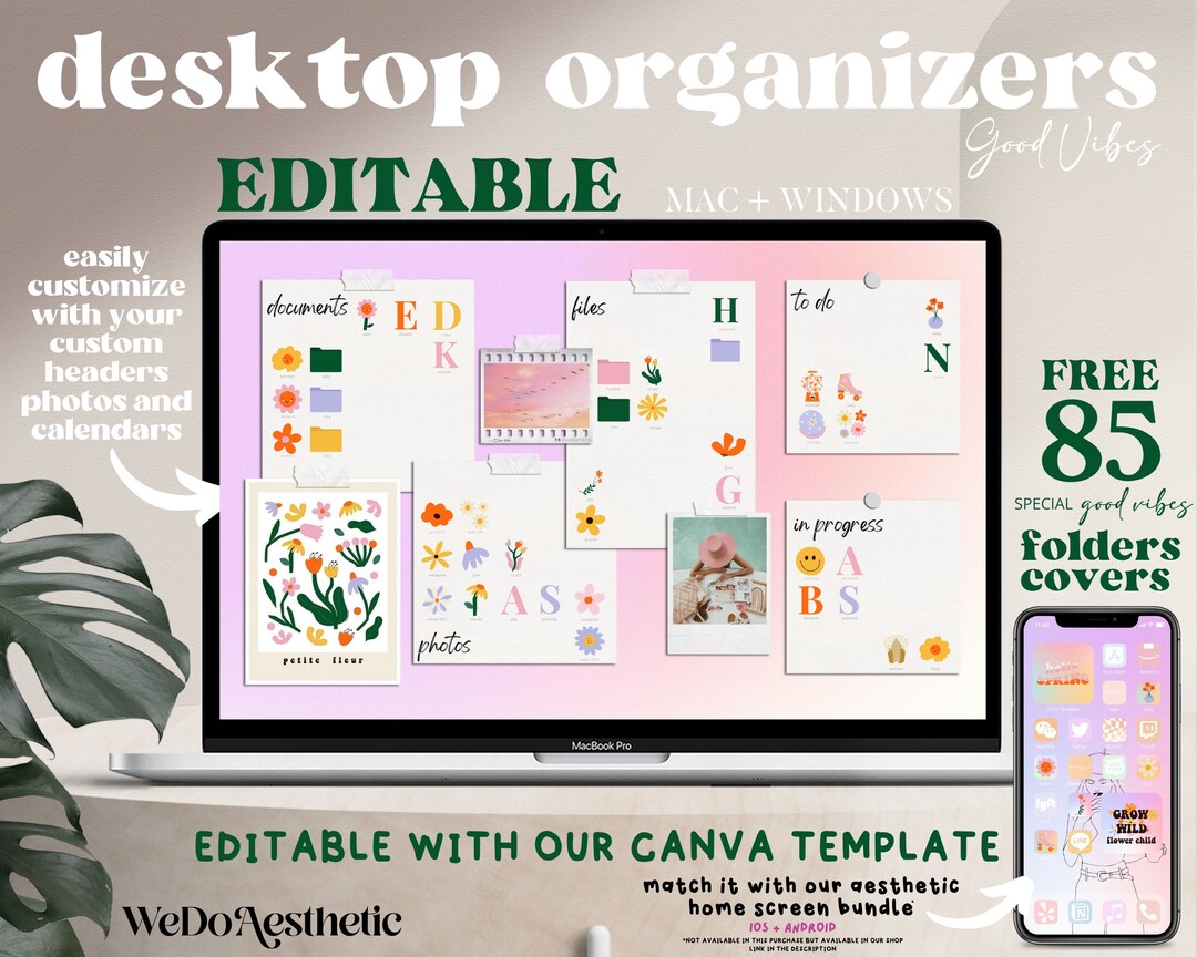 EDITABLE Desktop Organizer Wallpaper + Folder Icons, Pastel Pink ...