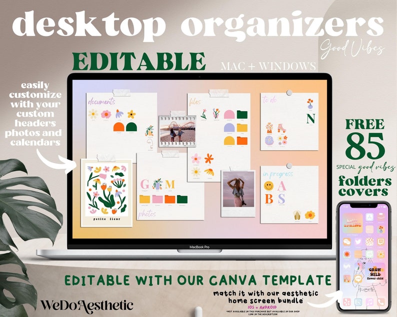 EDITABLE Desktop Organizer Wallpaper Folder Icons Pastel | Etsy