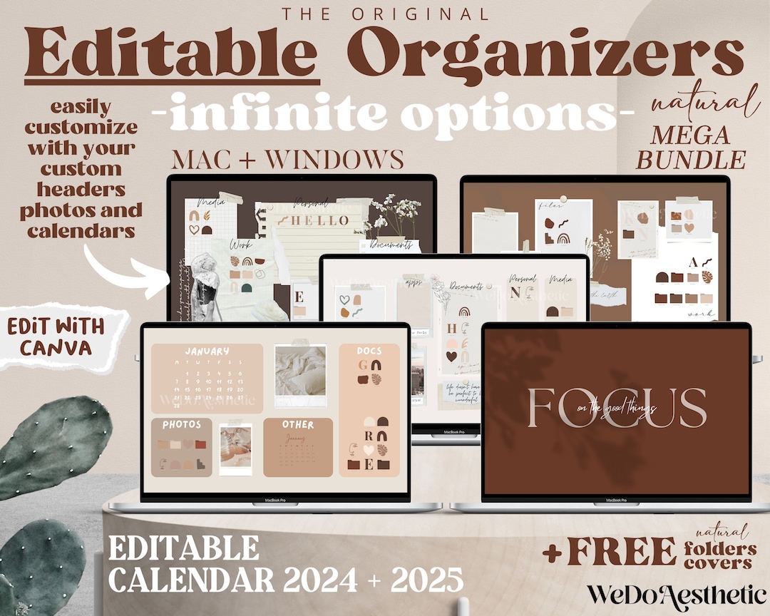 2024-2025 EDITABLE Desktop Wallpaper Organizers + Folder Icons, Natural ...
