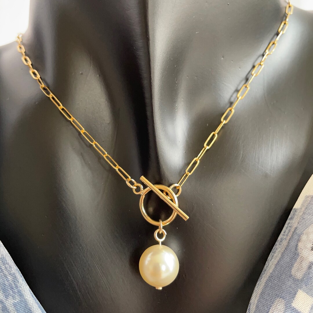 Gold Paperclip Toggle Necklace, Pearl Necklace, Chunky Gold Choker, 14K ...