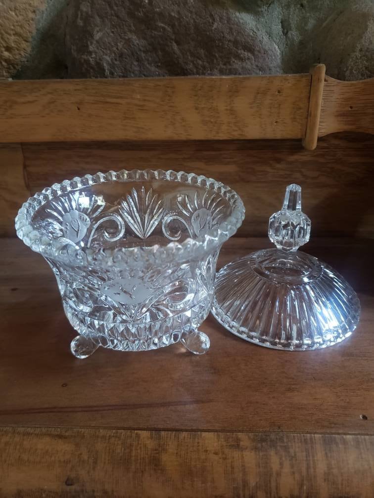 Crystal Candy Dish With Spire Lid. 3 Footed Round Floral Cut Bowl. in ...