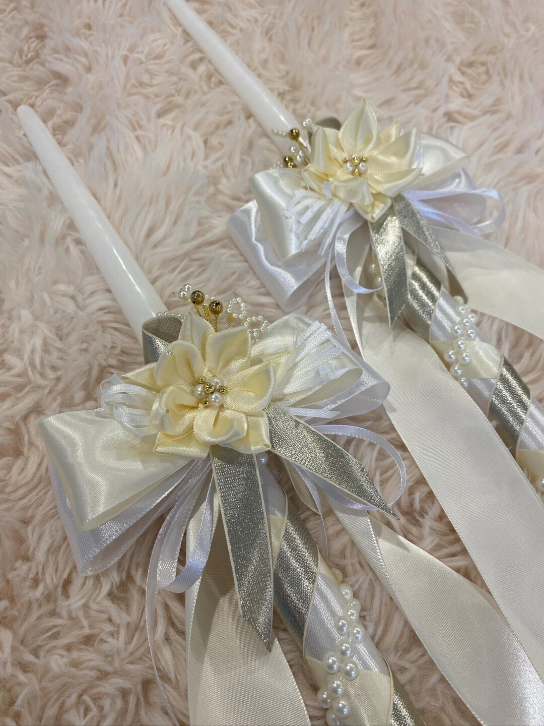Eastern Orthodox Wedding Candles: Handmade Kanzashi Flower, Ivory Satin ...