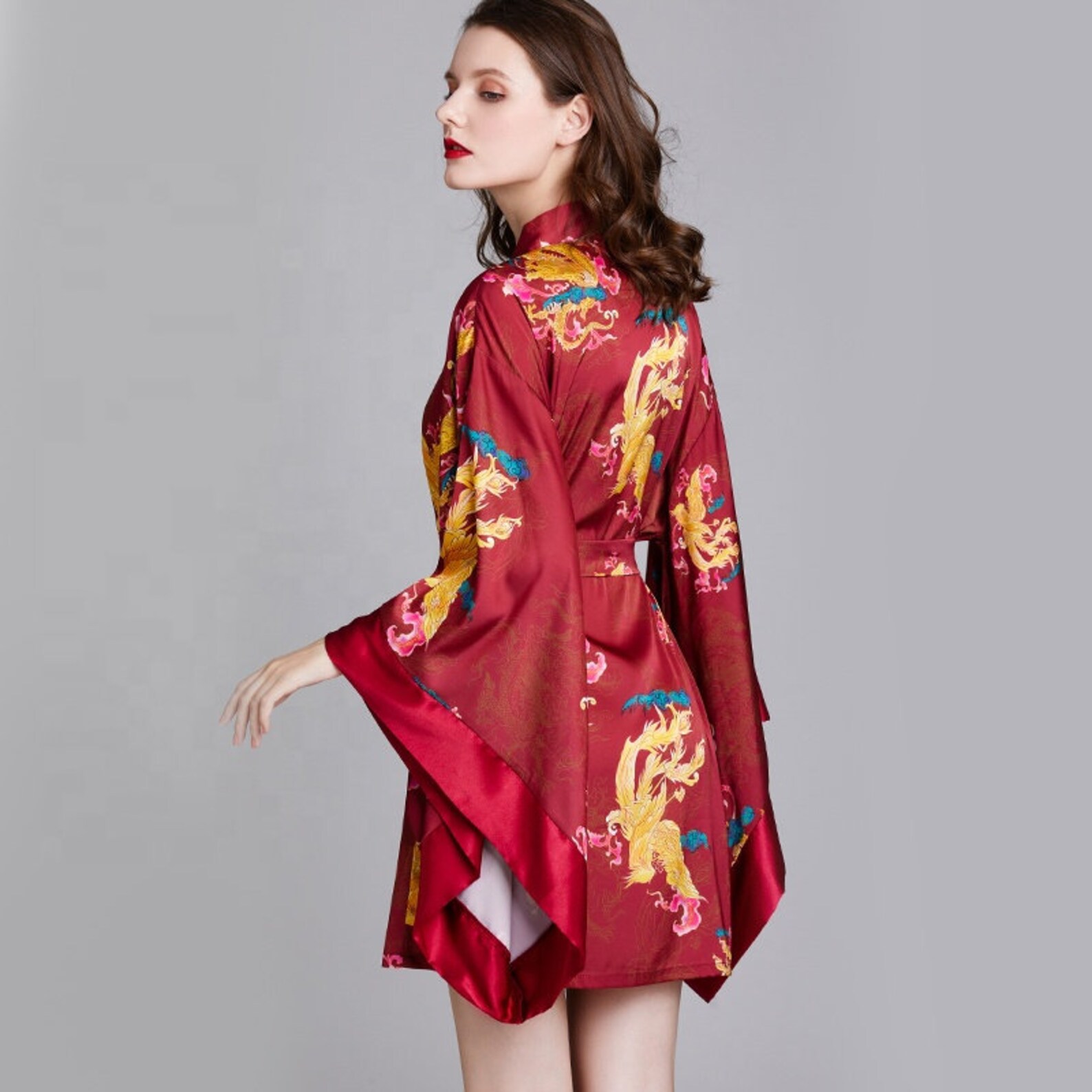 Women Elegant Kimono Robe Golden Dragon and Phoenix Printed - Etsy