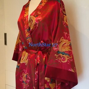 Women Elegant Kimono Robe Golden Dragon and Phoenix Printed Satin ...