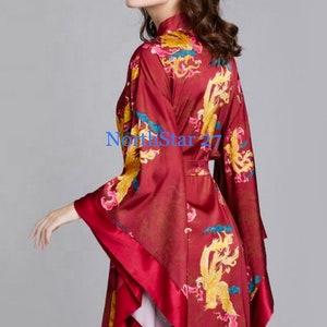 Women Elegant Kimono Robe Golden Dragon and Phoenix Printed Satin ...