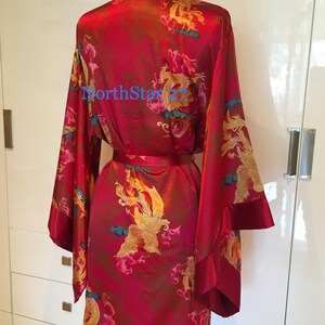 Women Elegant Kimono Robe Golden Dragon and Phoenix Printed Satin ...