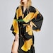 Women's Kimono Robe Gold Ginkgo Leaf Printed Satin Robe Dressing Gown ...