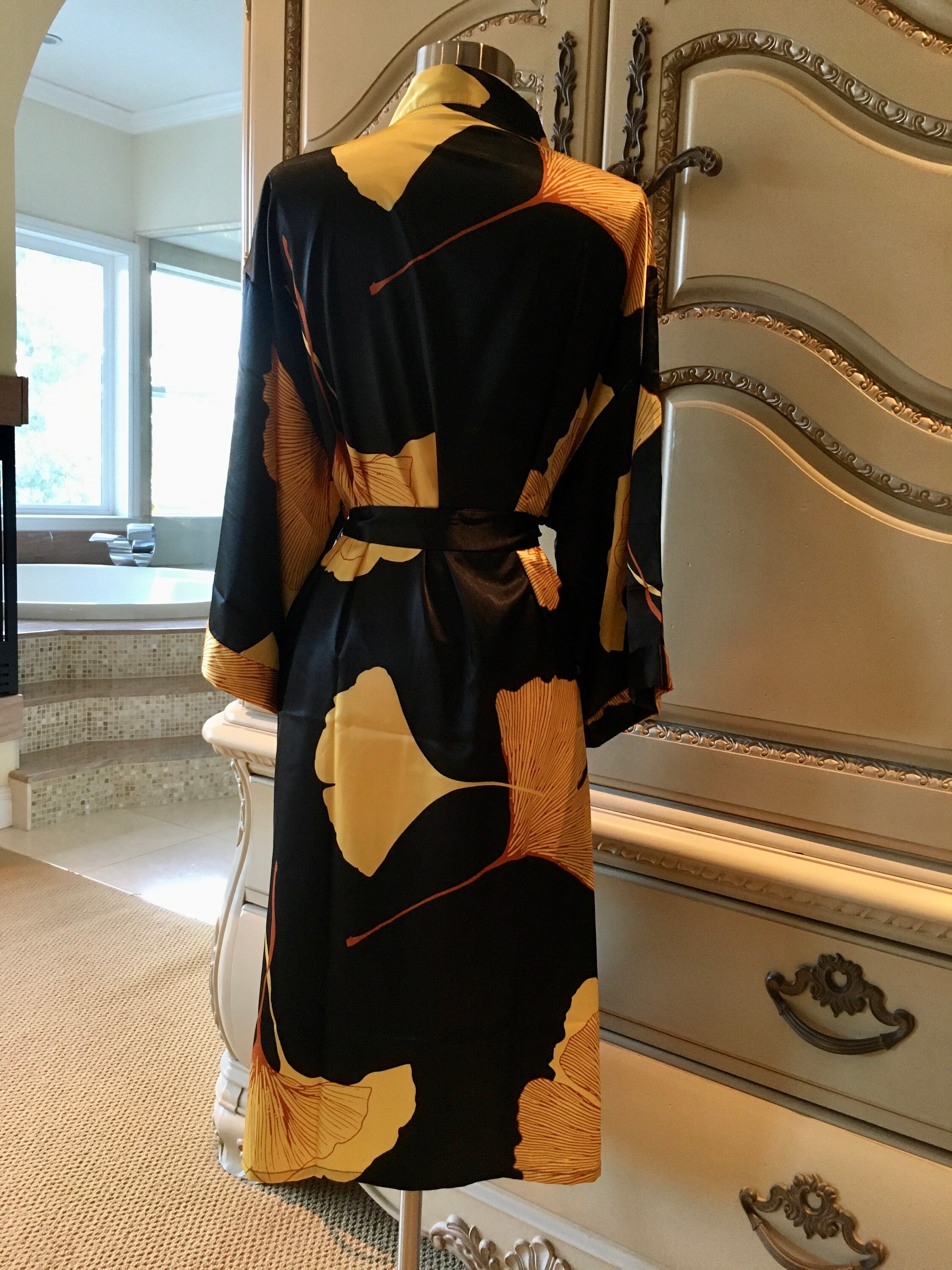 Women's Kimono Robe Gold Ginkgo Leaf Printed Satin Robe - Etsy UK
