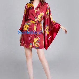 Women Elegant Kimono Robe Golden Dragon and Phoenix Printed Satin ...
