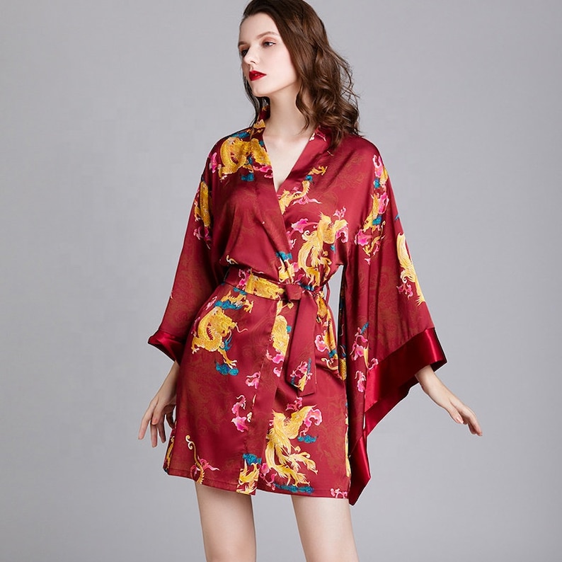 Women Elegant Kimono Robe Golden Dragon and Phoenix Printed - Etsy