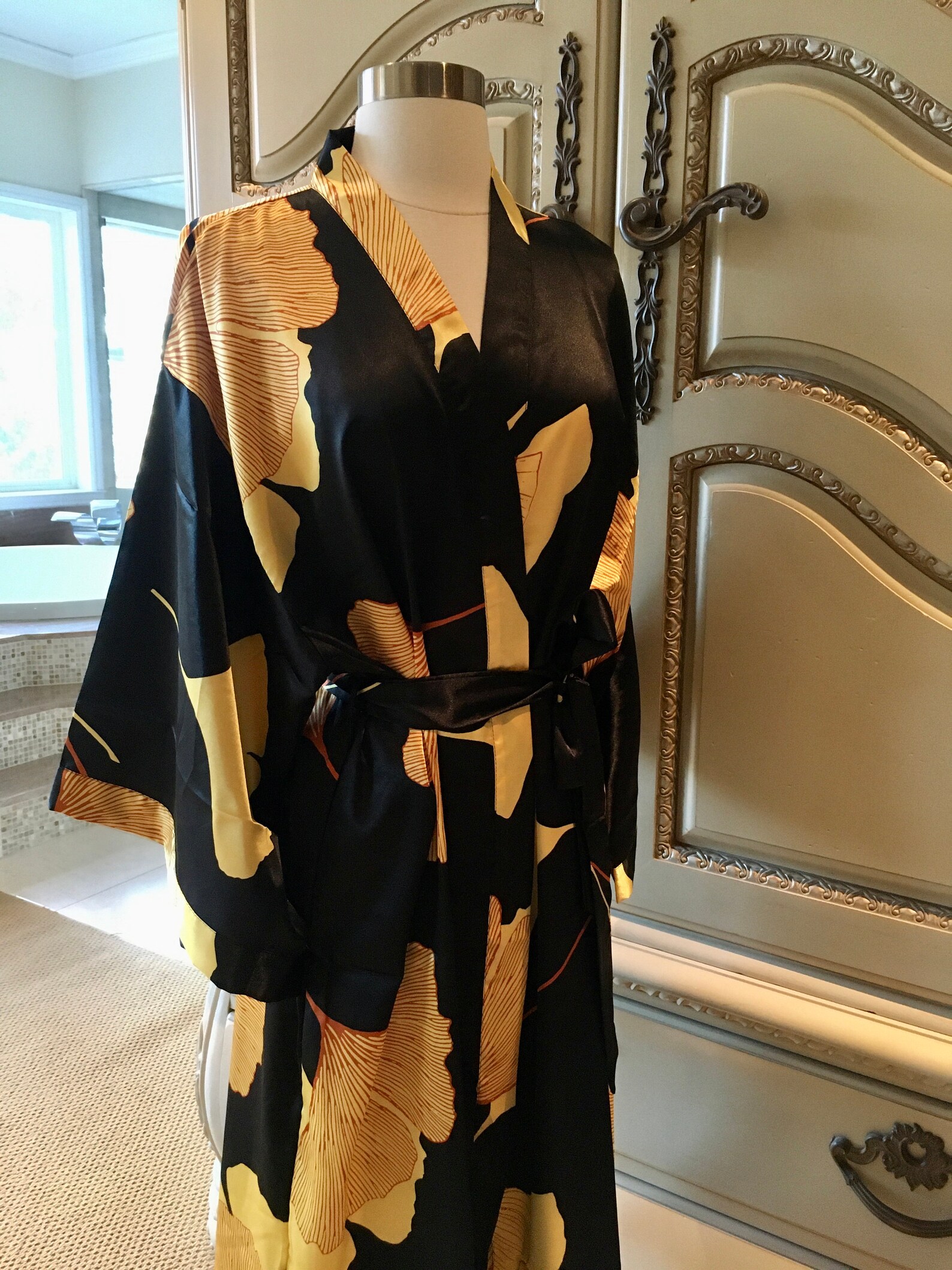 Women's Kimono Robe Gold Ginkgo Leaf Printed Satin Robe | Etsy