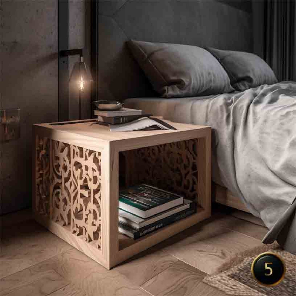 Bedside Table Made of Natural Wood With Patterns, Wooden Bedside Table ...