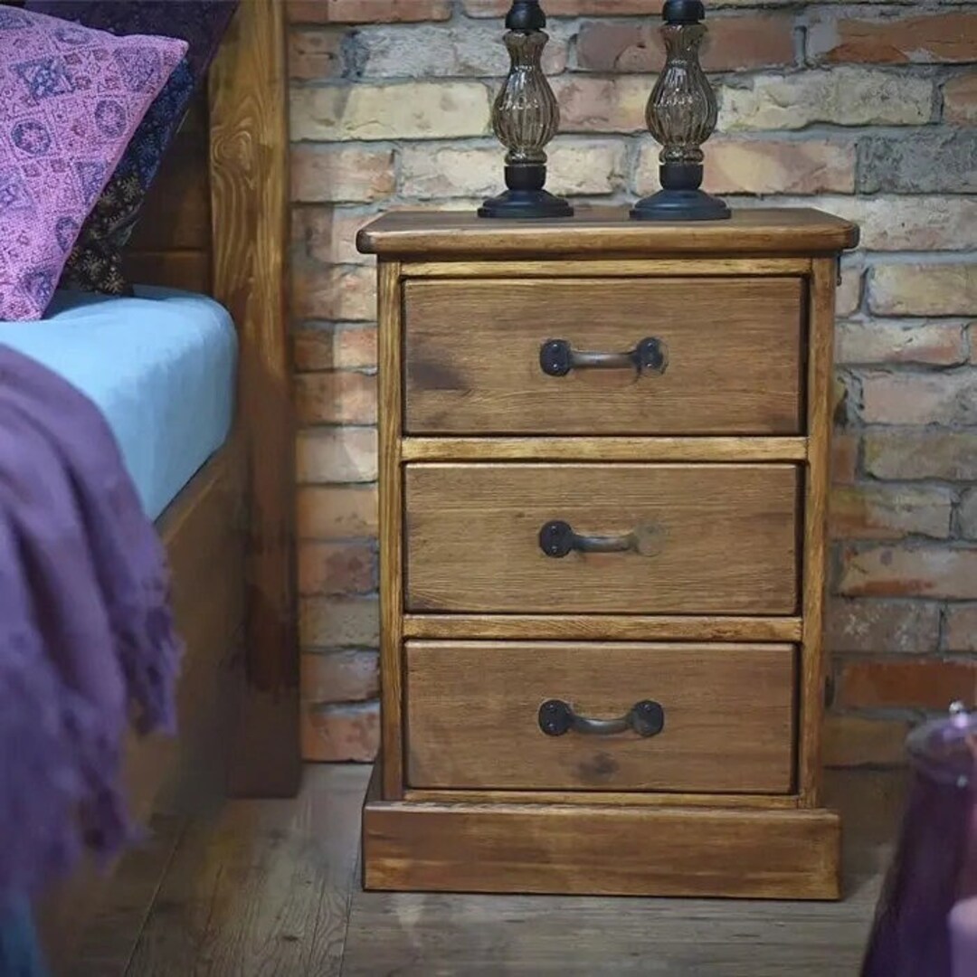 Bedside Table With 3 Drawers Wooden Rustic Bedside Table - Etsy