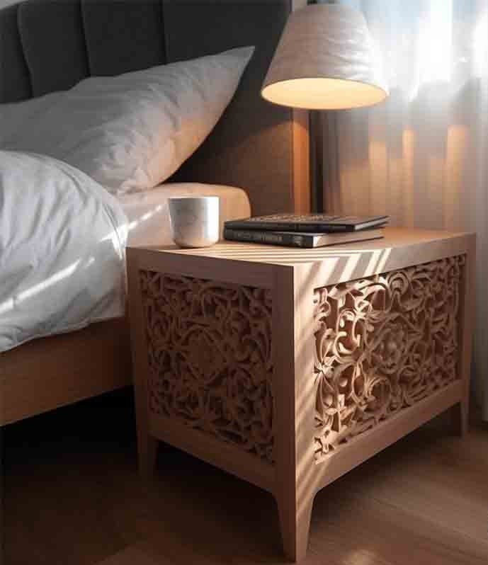 Bedside Table Made of Natural Wood With Patterns, Wooden Bedside Table ...