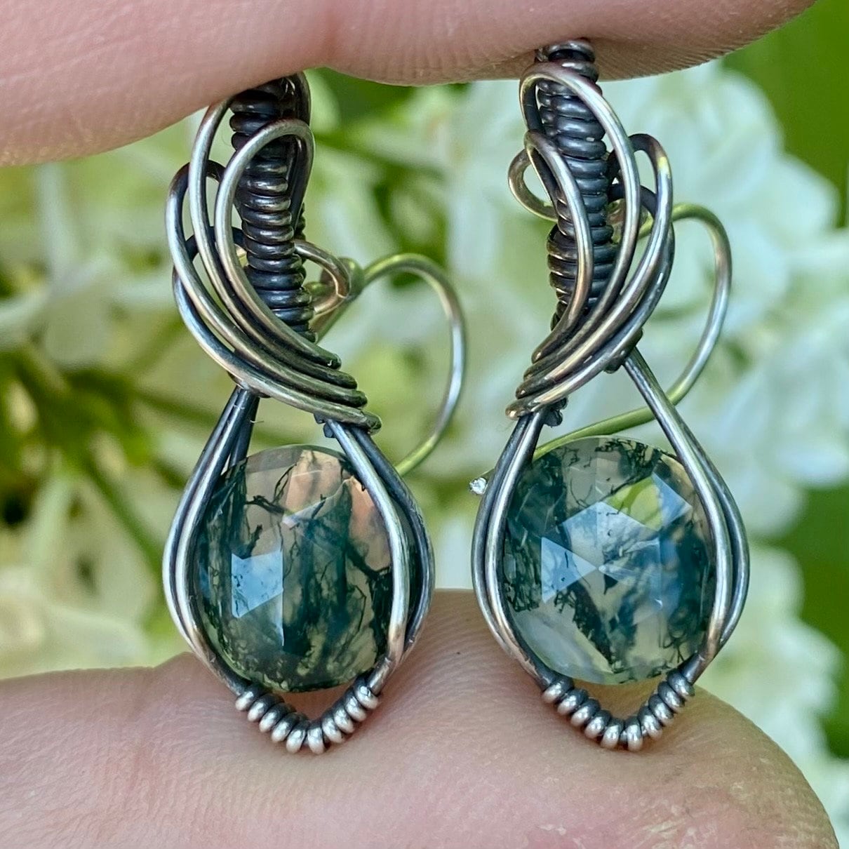 Sterling Silver Moss Agate Earrings Moss Agate Dangle Earrings Wire ...