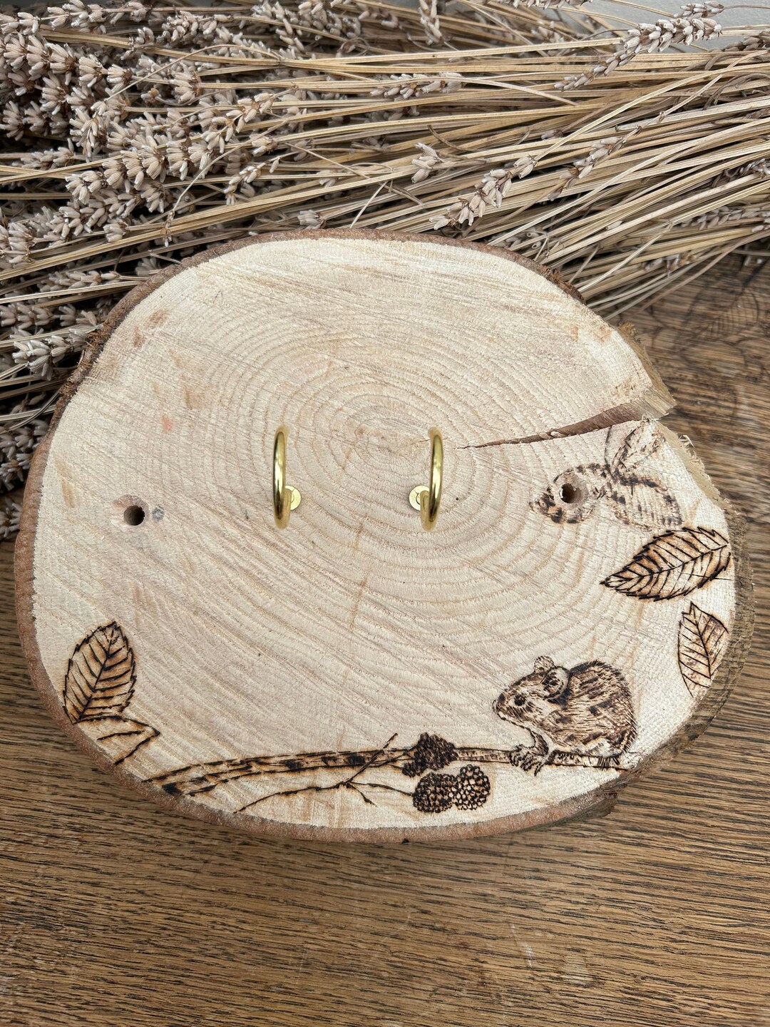 Mouse and Berries Wall Hooks Key Hooks Natural Tree Slice Pyrography ...