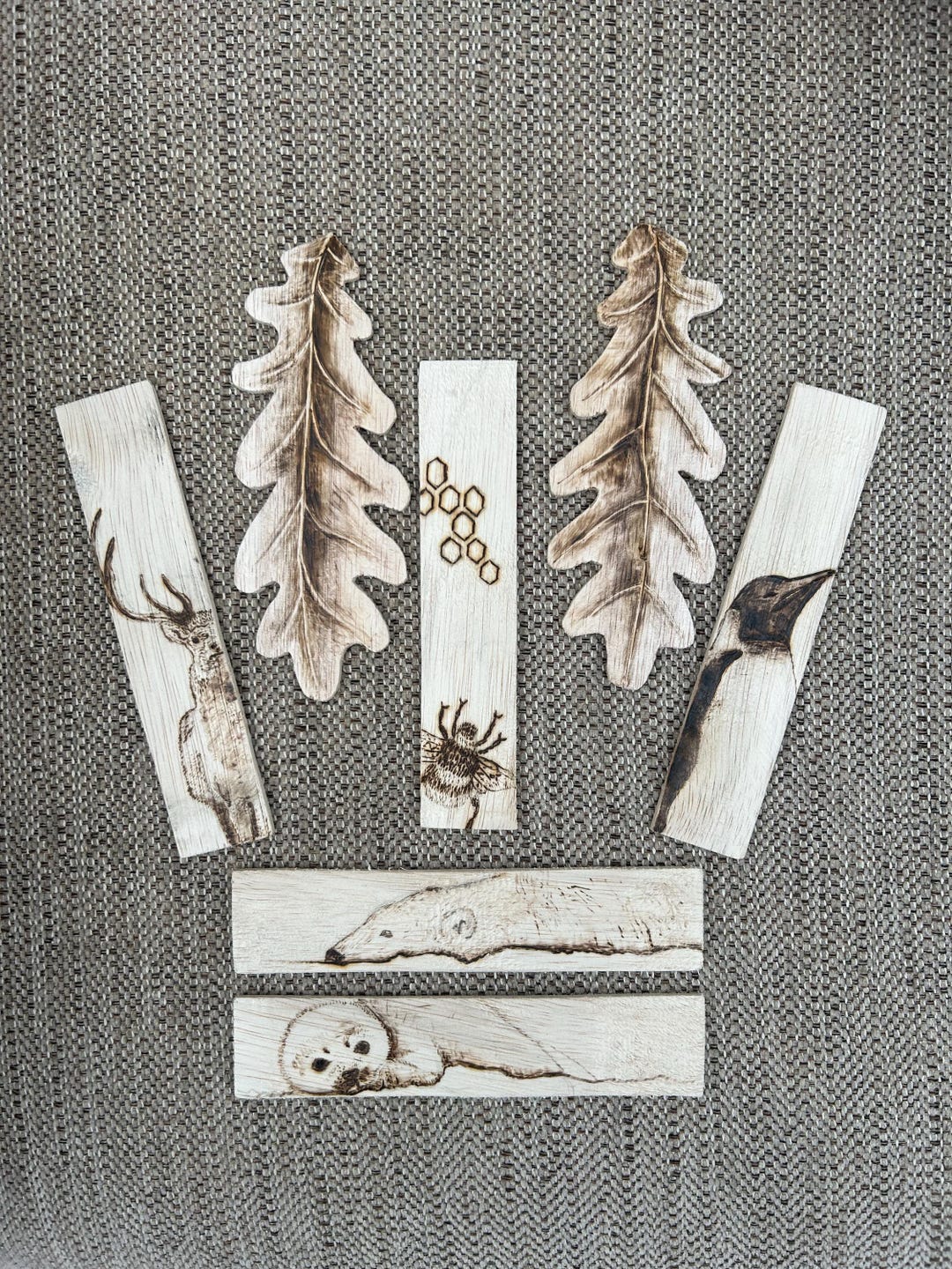 Hand-made Pyrography Bookmark Oak Leaf Leaves Polar Bear Seal Stag Deer ...