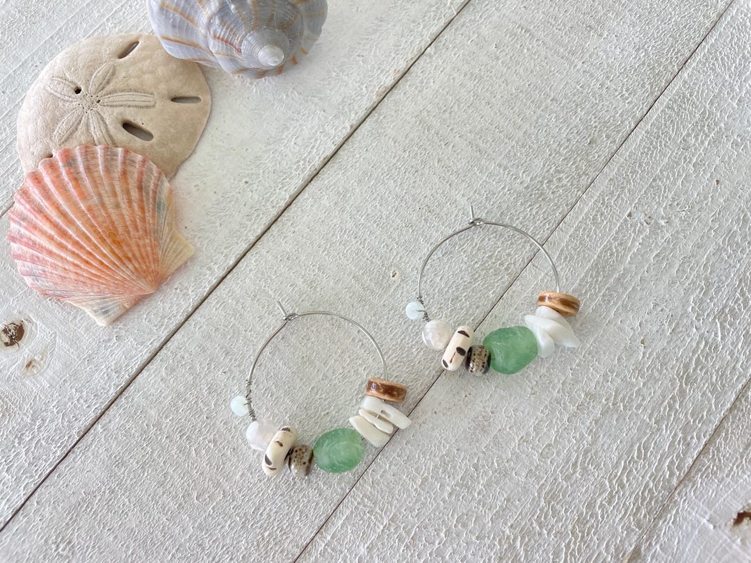 Fun, Funky Boho Beachy Natural Hoop Earrings 30mm ~ Green Sea Glass ...