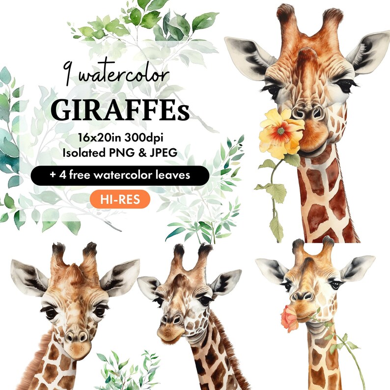 Watercolor Giraffe Clip Art, Print, Watercolor, Safari, Animal Family ...
