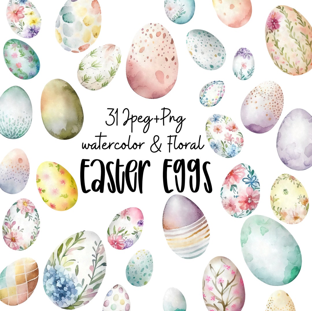 31 Jpeg Png Easter Eggs Clipart, Light Watercolor, Floral Design ...