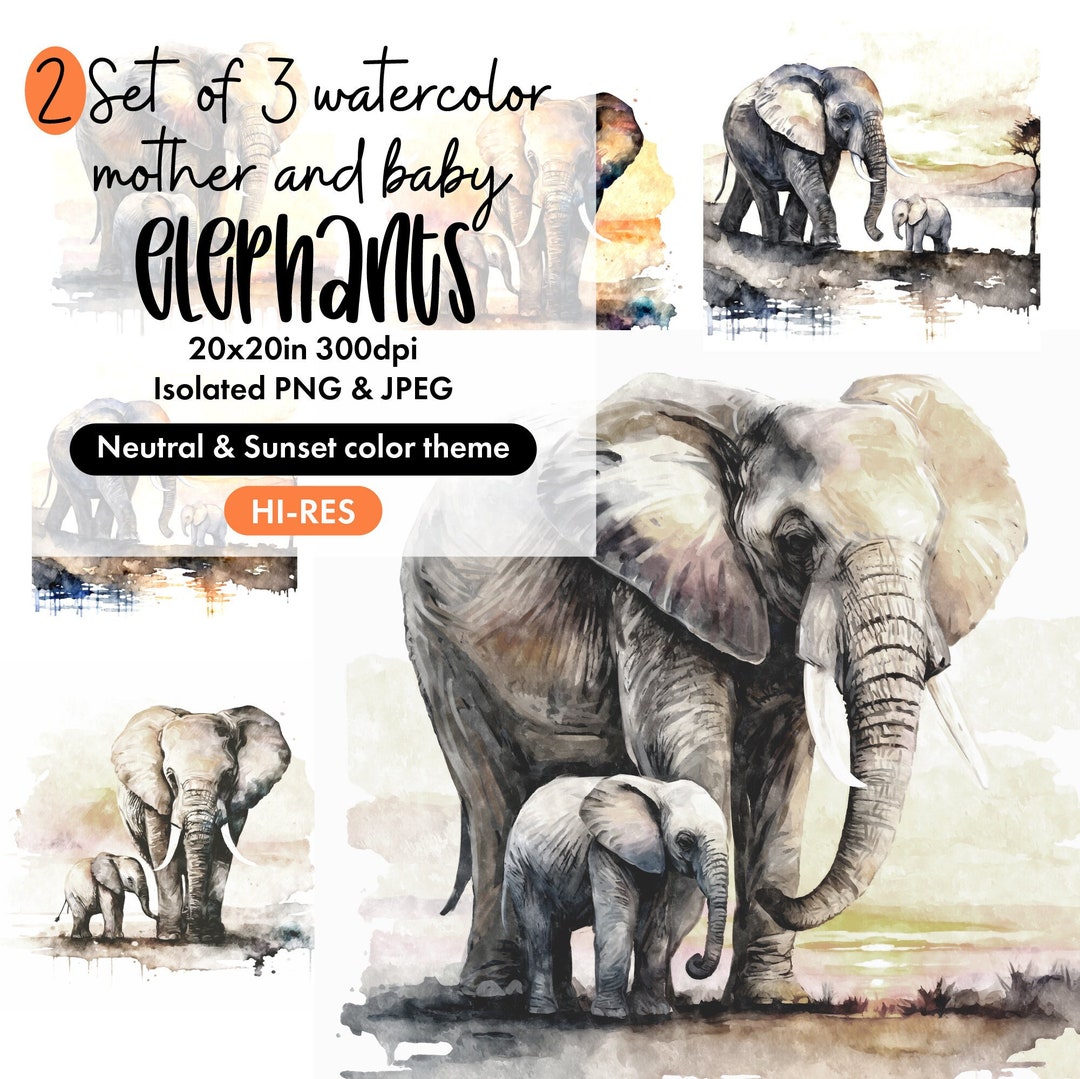 Elephant Mother & Baby Clip Art, Print, Watercolor, Safari Nursery ...