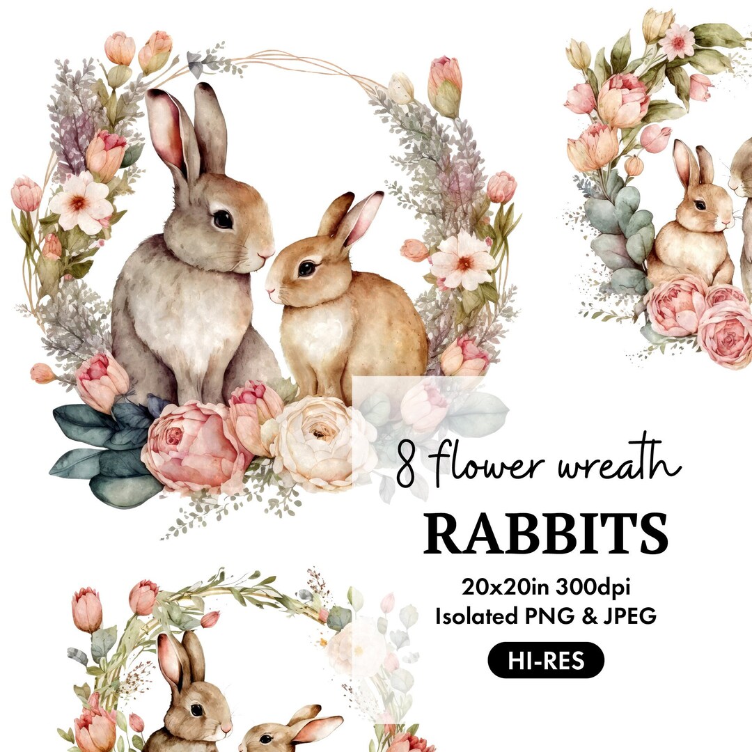 Watercolor Rabbit Floral Wreath, Spring Easter Cute Bunnies, Spring ...