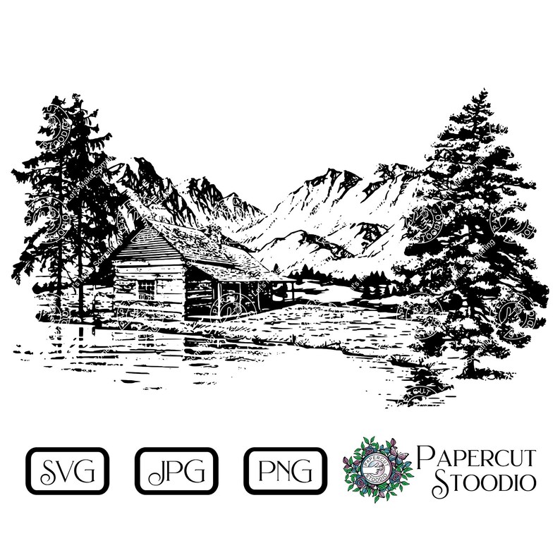 Valley Cabin Laser Engrave File, Mountain Lake Landscape SVG PNG JPG ...