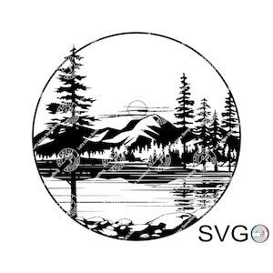 Lake Scene SVG DXF, Round Lakeview Scenic Lake Mountain Forest Outdoor ...