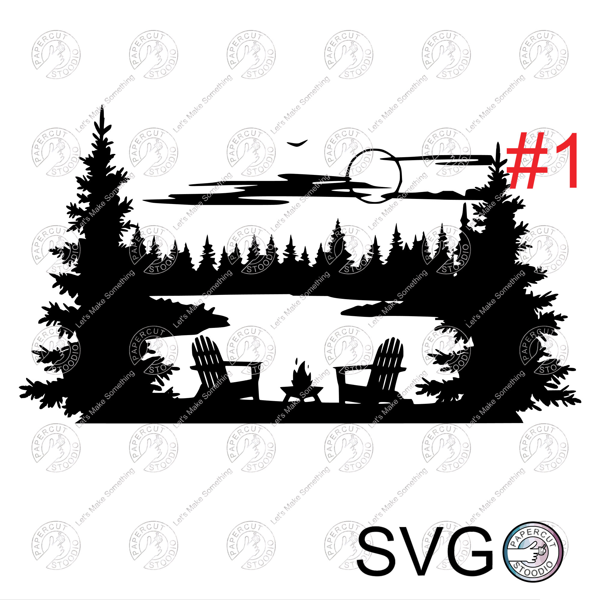 Escena de lago Adirondack Sillas Fogata Svg ©, Archivos Svg de escena ...