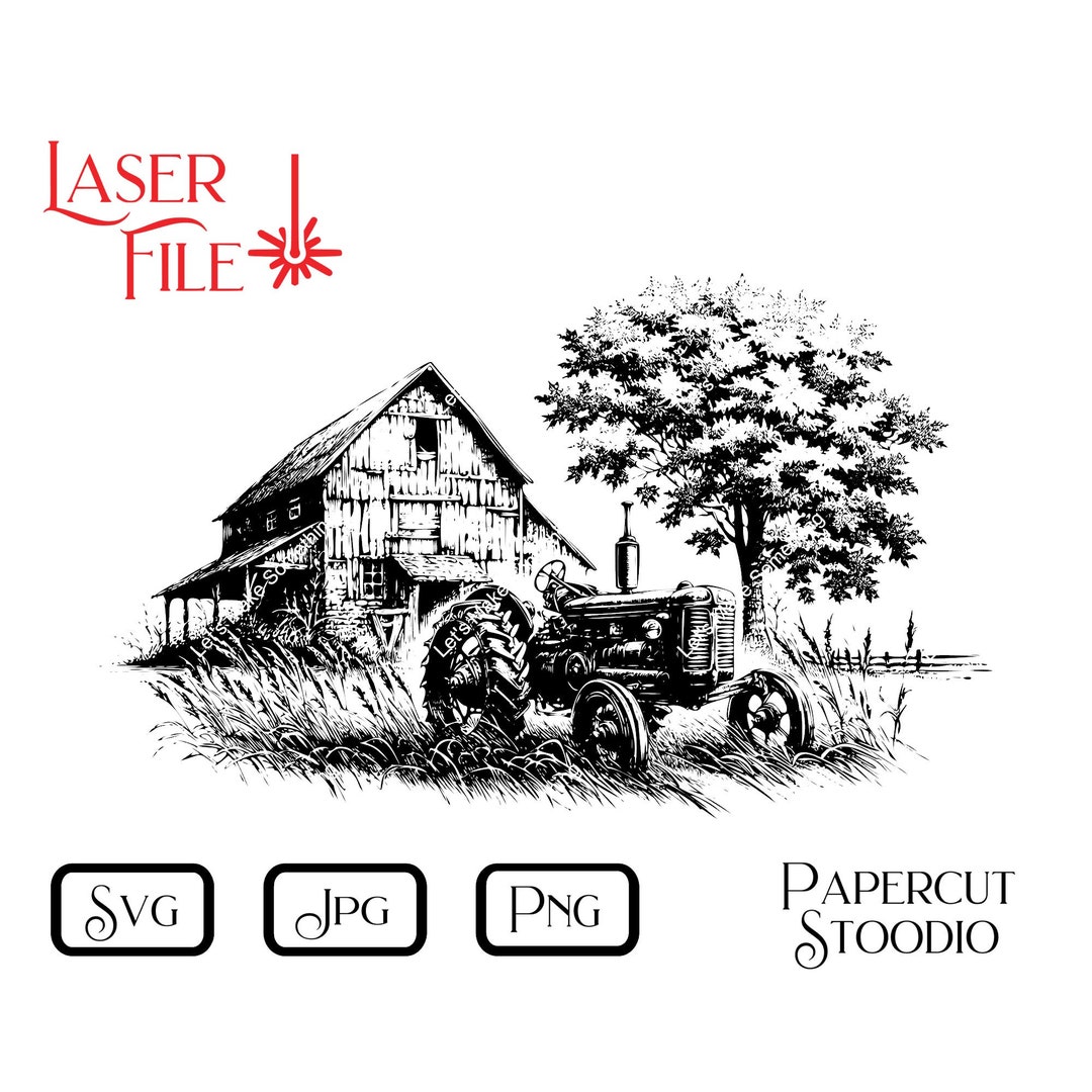 Laser Engrave File, Vintage Tractor With Barn Svg, Lightburn Glowforge ...