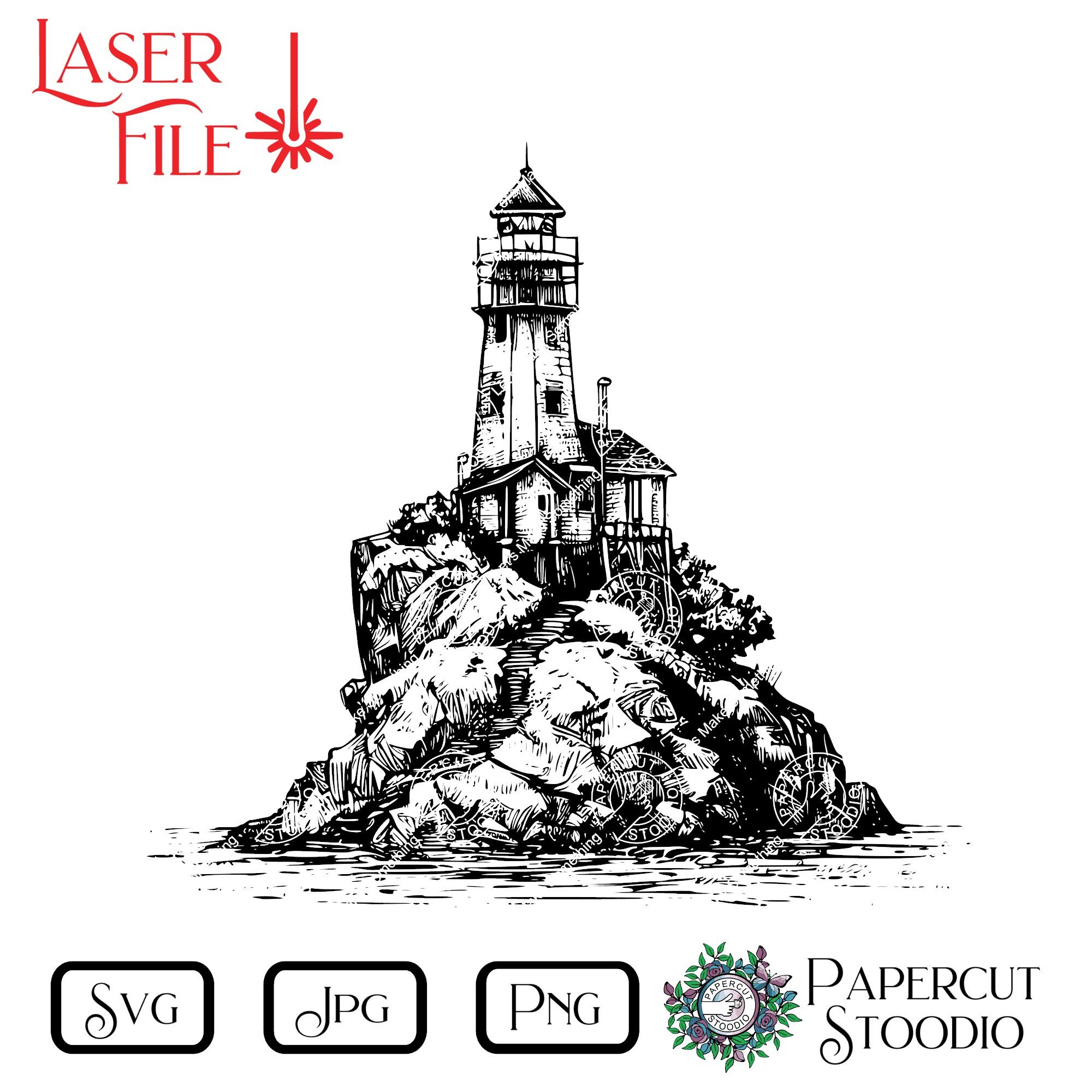 Laser Engrave File Rocky Lighthouse SVG, Ocean Sea Island Lightburn ...