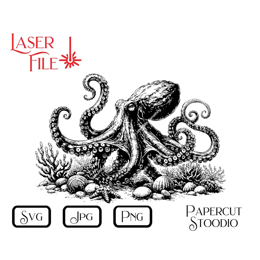 Laser Engrave File, Reef Octopus SVG, Beach Ocean Sea Lightburn ...