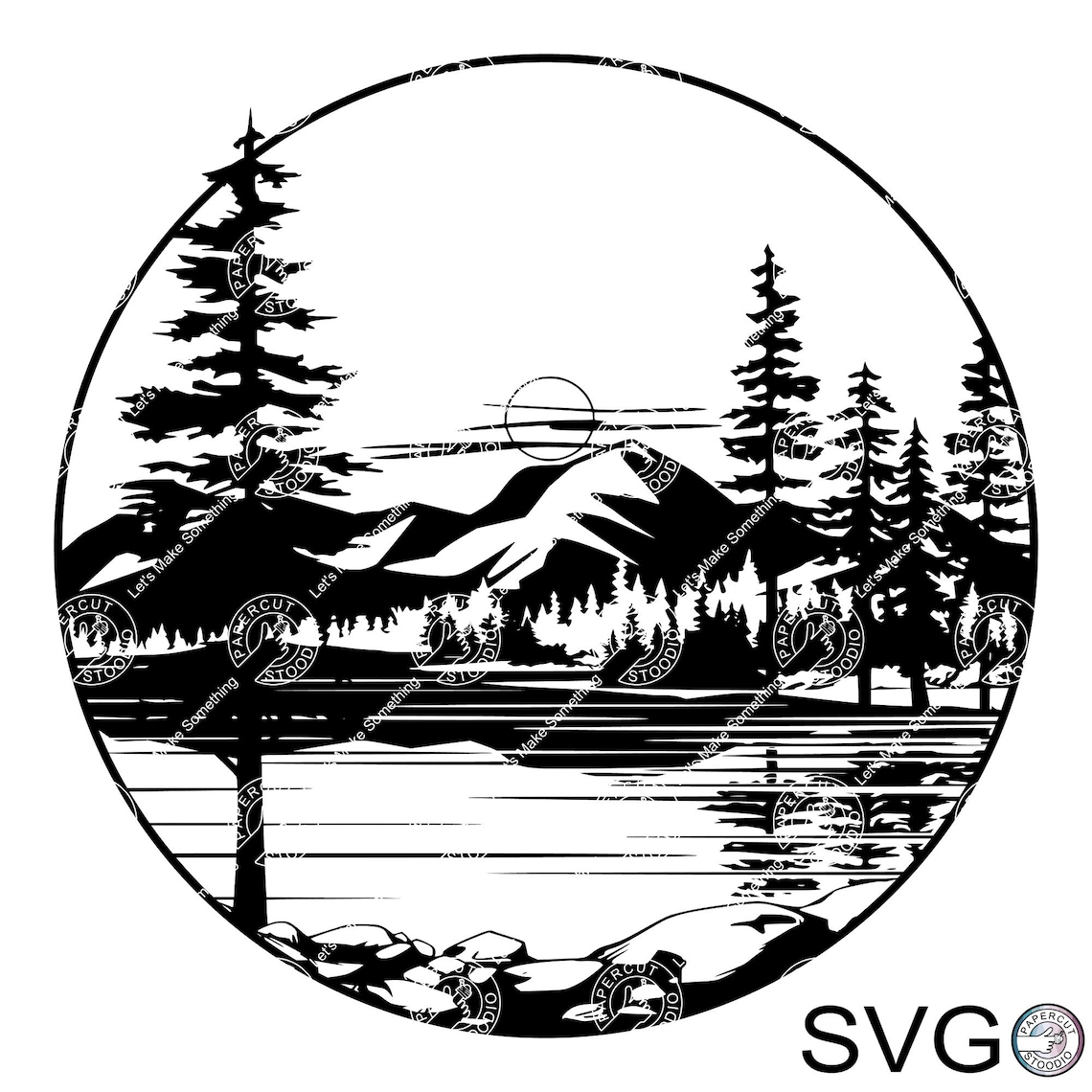 Lake Scene SVG DXF, Round Lakeview Scenic Lake Mountain Forest Outdoor ...