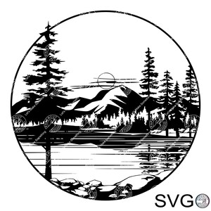 Lake Scene SVG DXF, Round Lakeview Scenic Lake Mountain Forest Outdoor ...