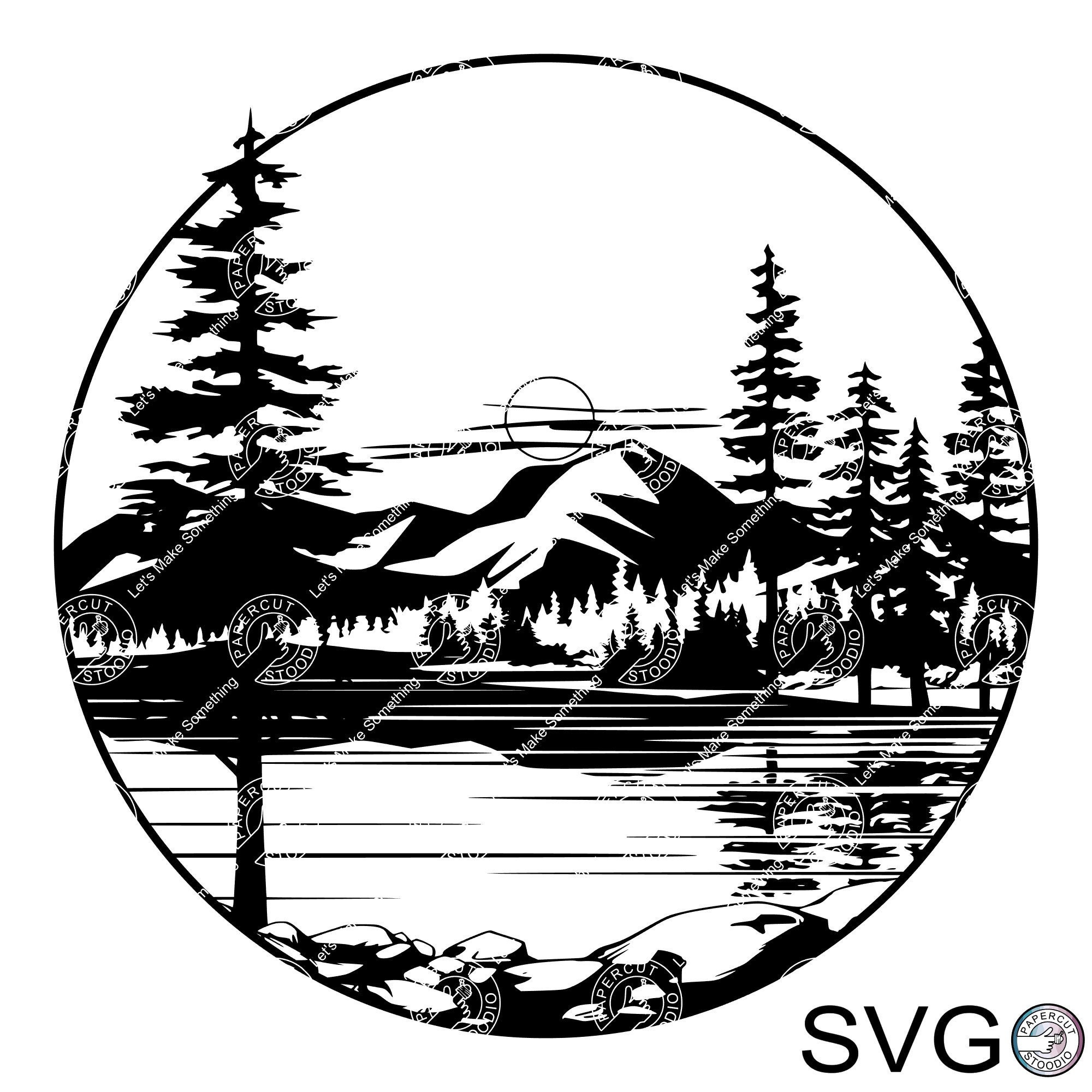 Lake Scene SVG DXF Round Lakeview Scenic Lake Mountain Forest - Etsy